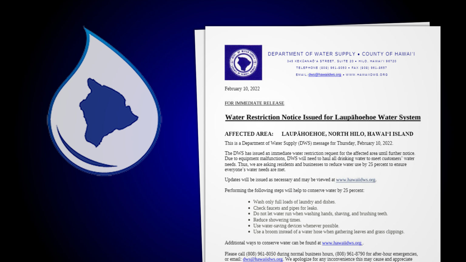 Water Restriction Notice Issued for Laupāhoehoe